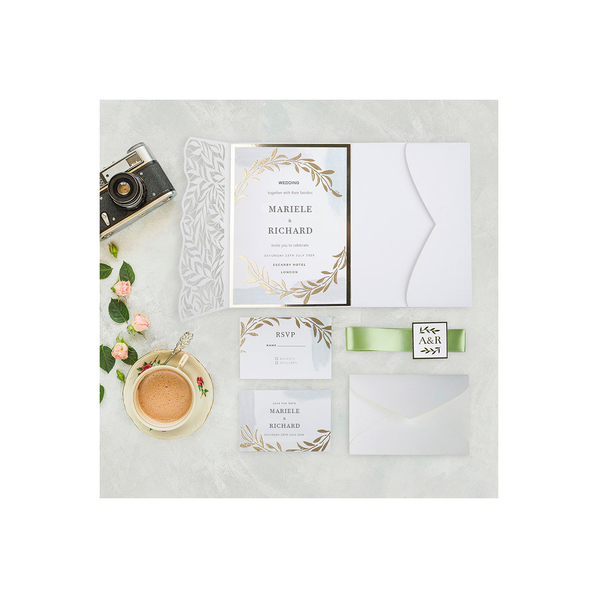 Bryllupsinvitasjon Leaves, tri-fold pocke